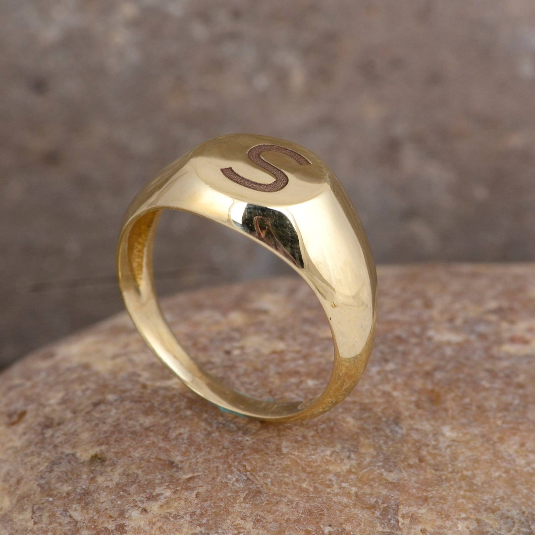 18k Solid Gold Signet Ring S Alphabet Gold Engraved Ring - Etsy