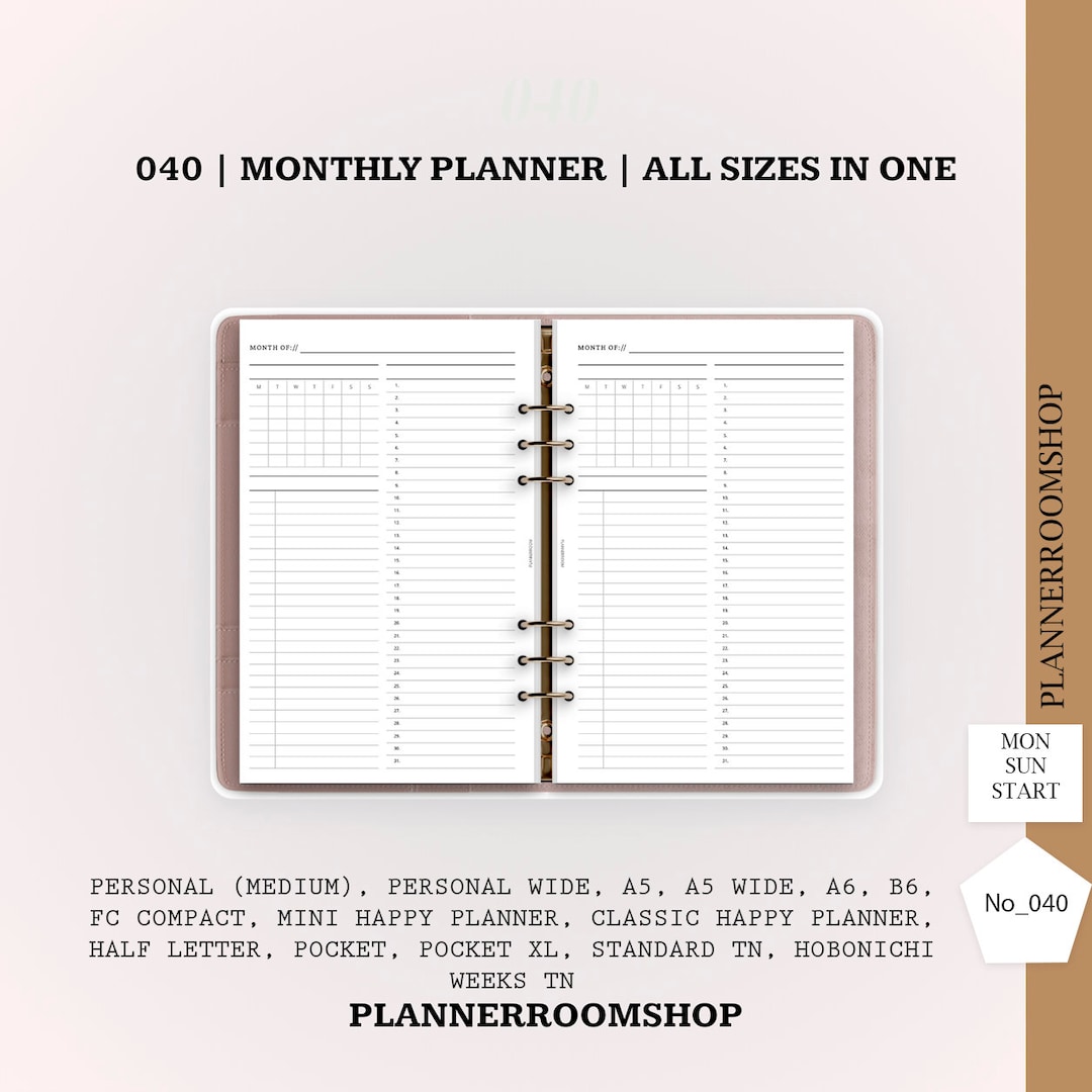 Monthly Overview, Printable Planner Inserts, MO1P Layout, Month on One ...