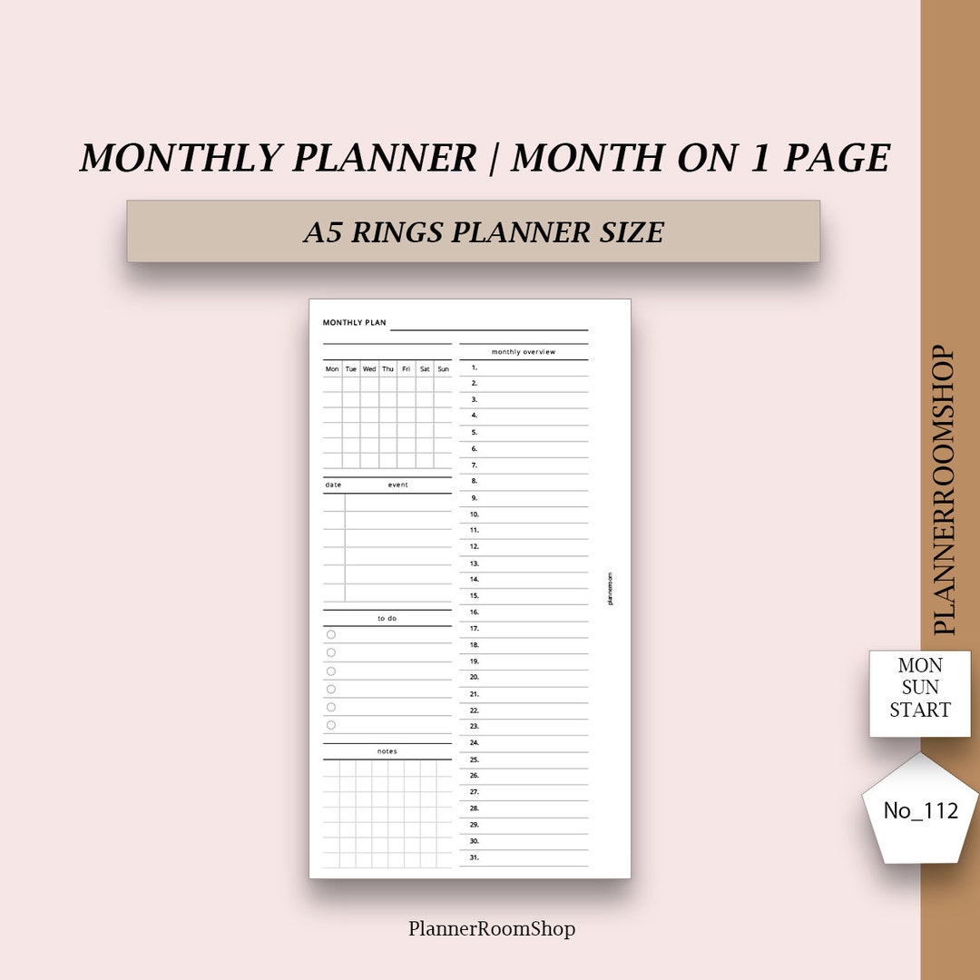 Monthly Overview Printable A5 Planner Inserts, Month on a Page, Month ...
