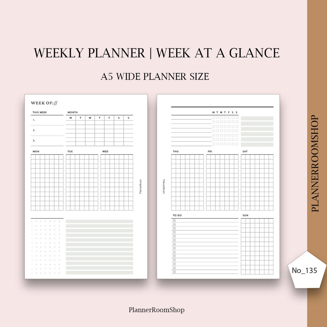 Weekly Agenda, Printable Planner Inserts, A5 Wide Size, Week at a ...