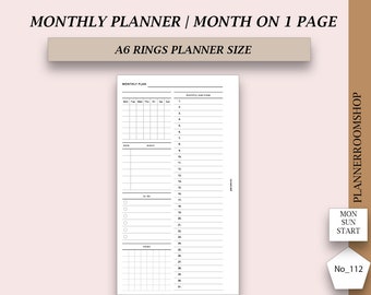 Monthly Overview Printable A6 Inserts, Month on a Page, Month at a ...