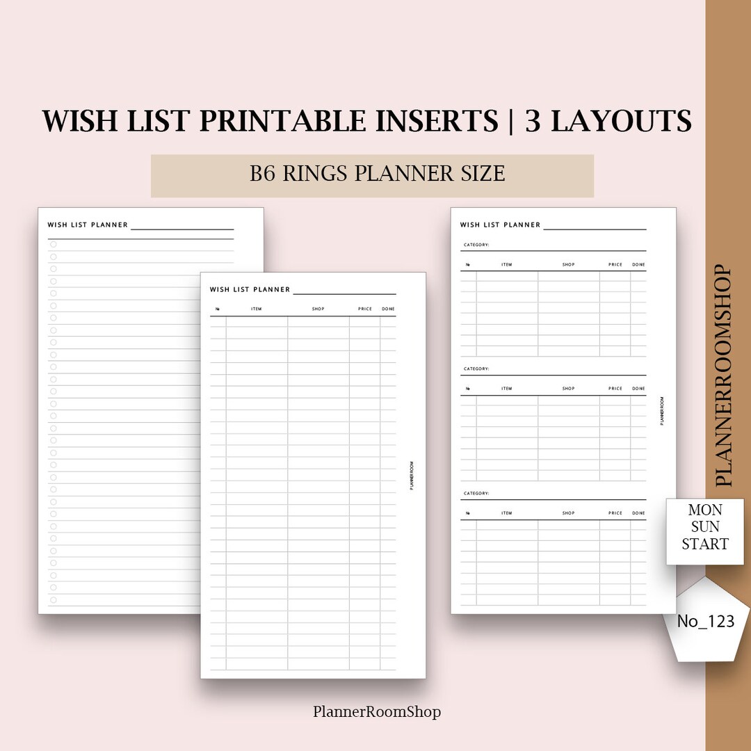 B6 Rings Inserts, Wishlist Printable Inserts, B6 Planner Size ...