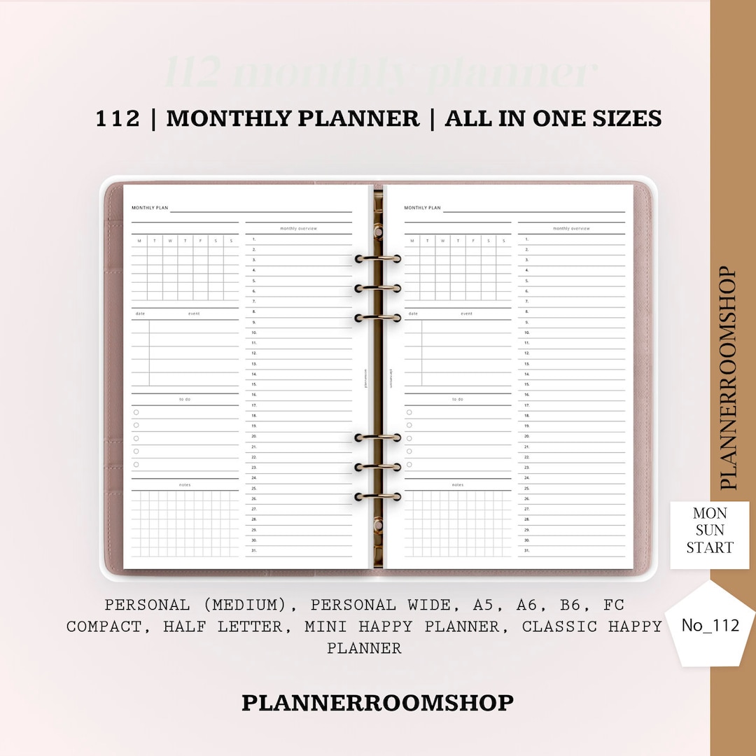 Monthly Overview Printable Planner Inserts, Month on a Page, Month at a ...