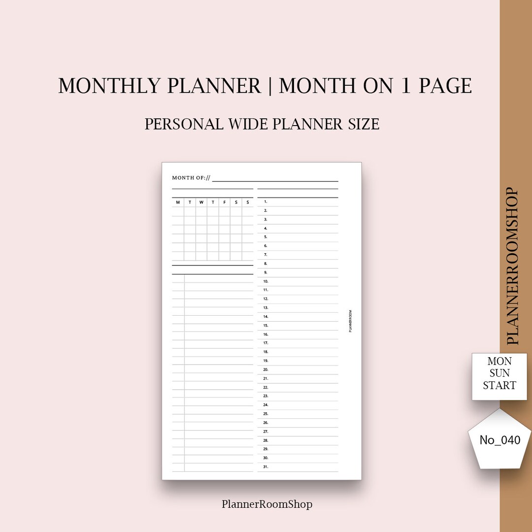 Monthly Overview, Month at a Glance, Personal Wide Planner Refill ...