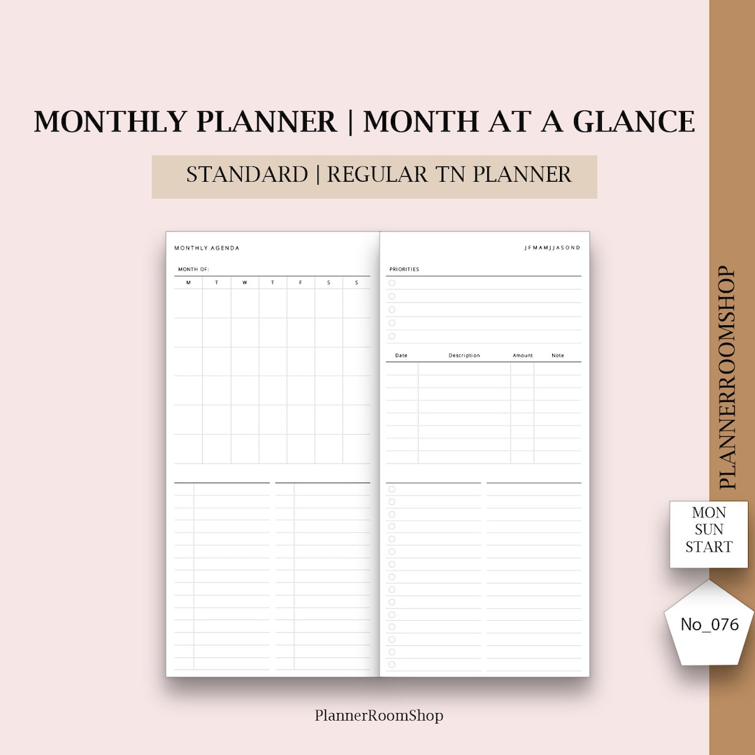 Printable Monthly Layout for Standard (regular) TN Planner Size, Month ...