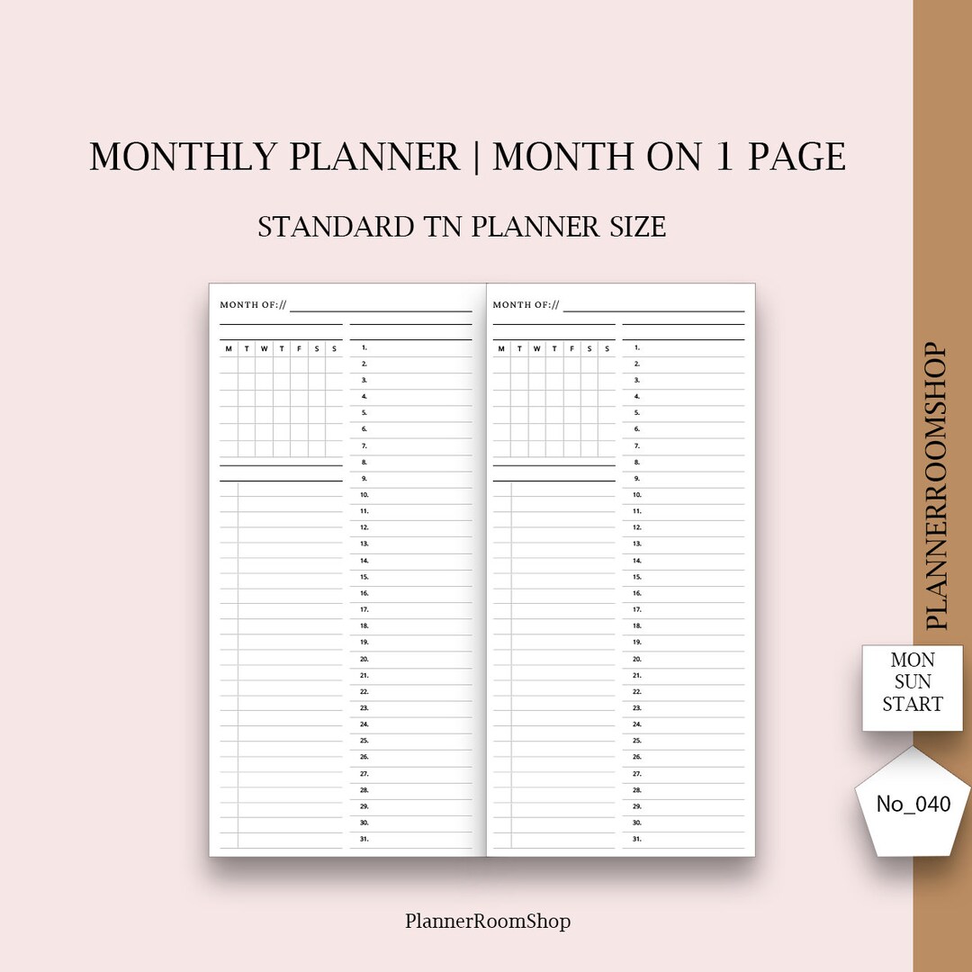 Standard TN, Monthly Planner Printable Planner Inserts, Agenda Monthly ...