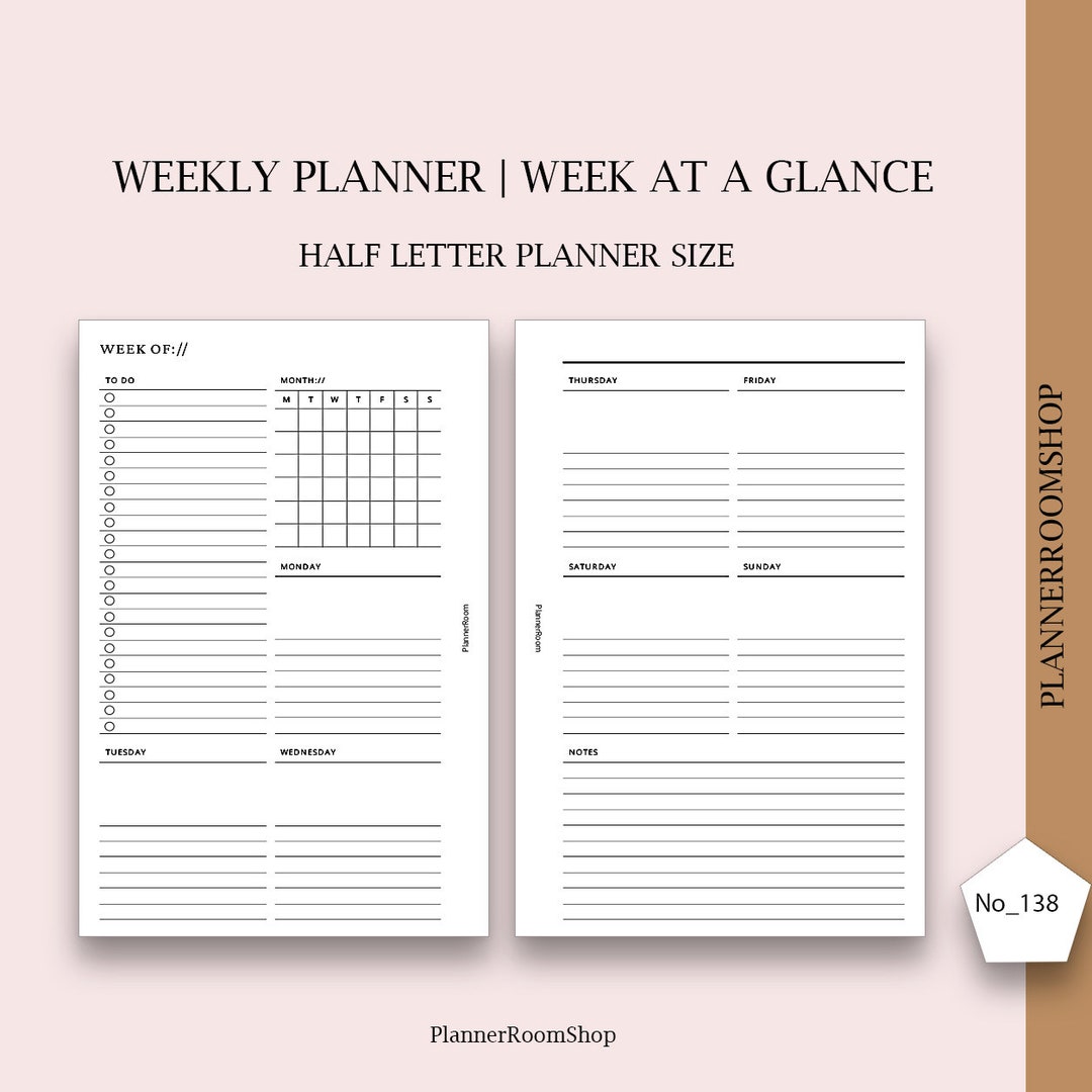 Weekly Printable Inserts, Half Letter Refill, Weekly Agenda, Weekly ...