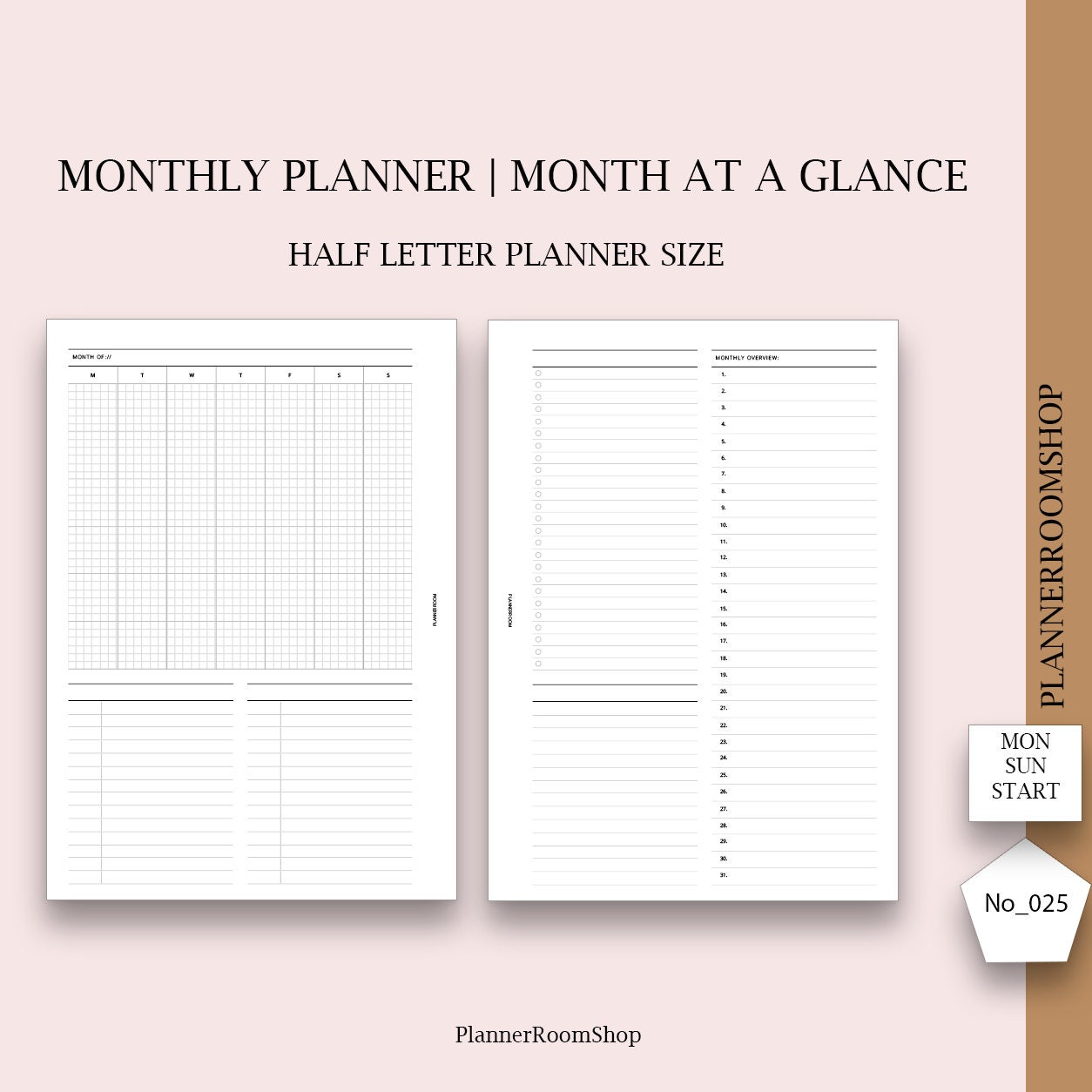 Half Page Monthly Calendar, Half Page Planner Inserts, Monthly Undated ...