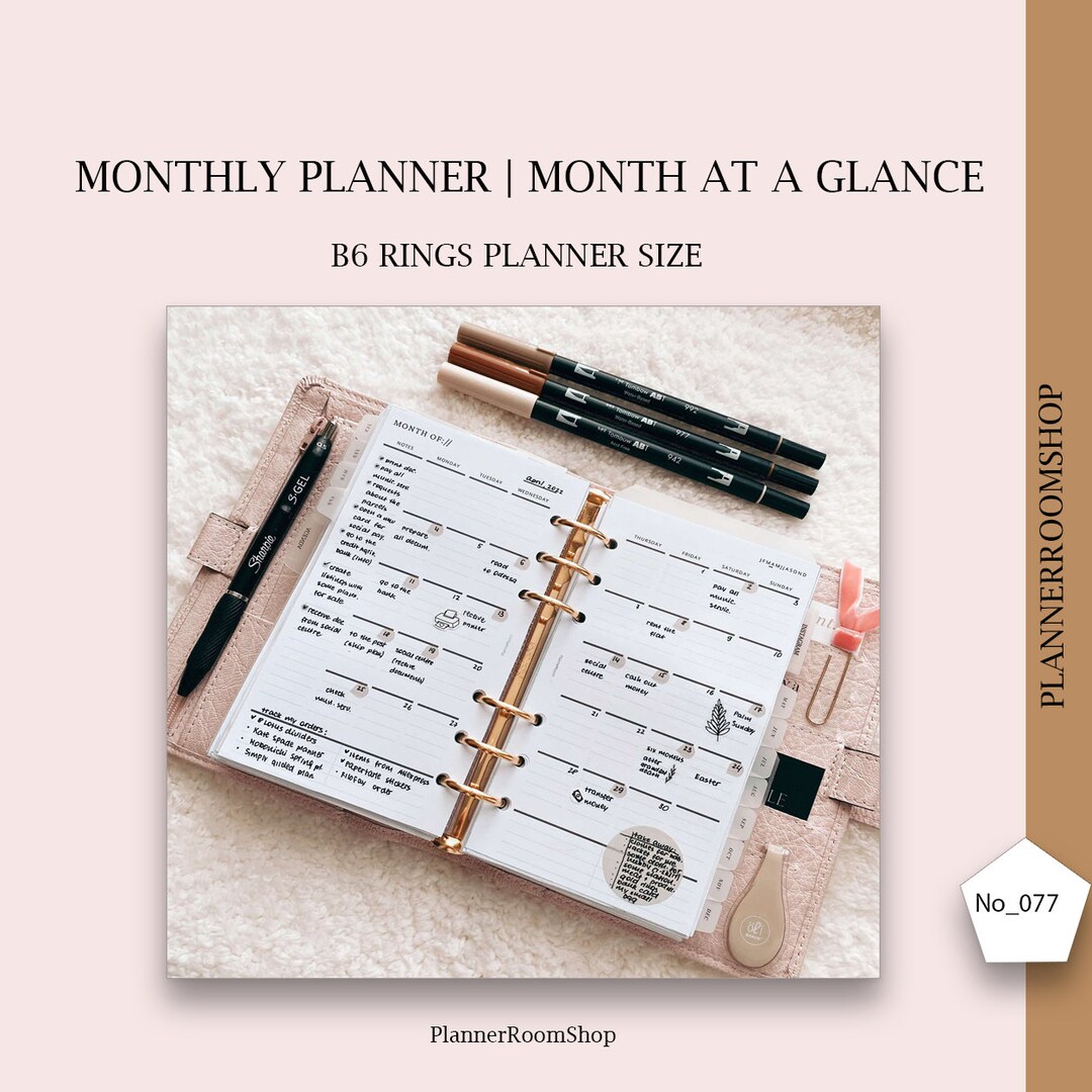 B6 Rings Inserts, Minimalist Monthly Planner, Printable Inserts, B6 ...
