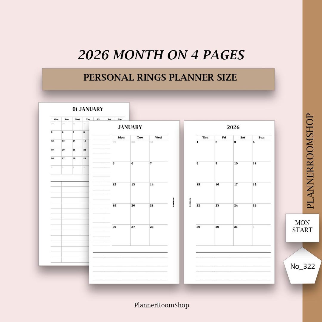 Printable 2026 Month on 4 Pages, Personal Rings Planner Inserts, Dated ...