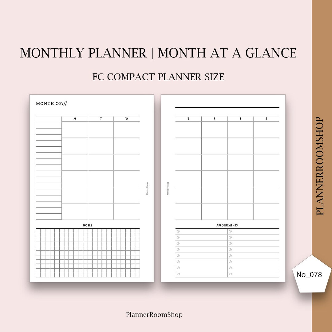 Month on Two Pages, Month at a Glance Printables for FC Compact Rings ...