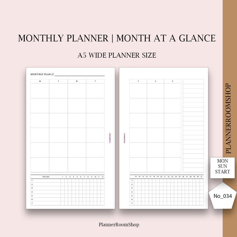 A5 Wide Inserts, Monthly Planner Printable, Minimalist Planner, Undated ...