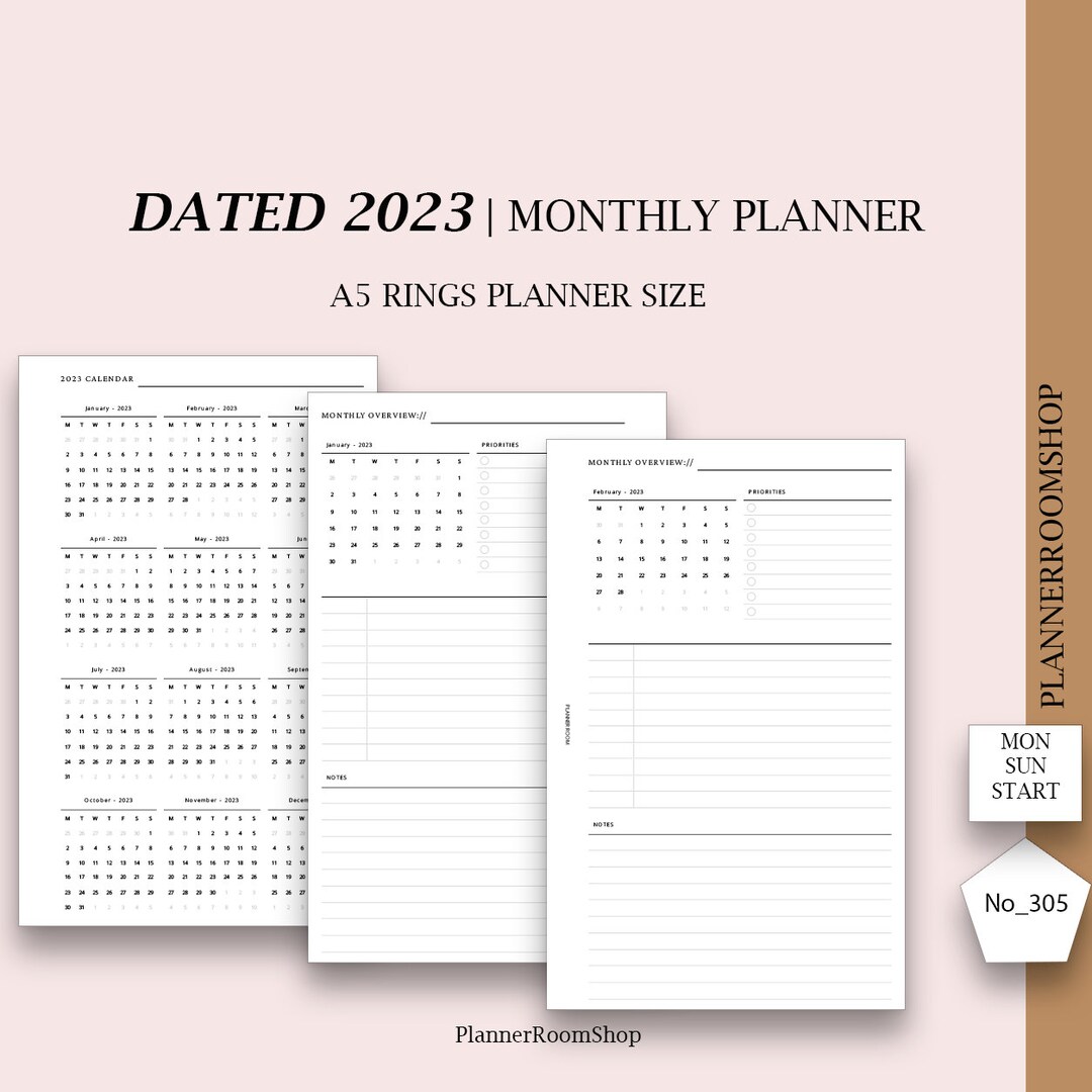 DATED 2023 Printable Monthly Planner Inserts for A5 Planner - Etsy
