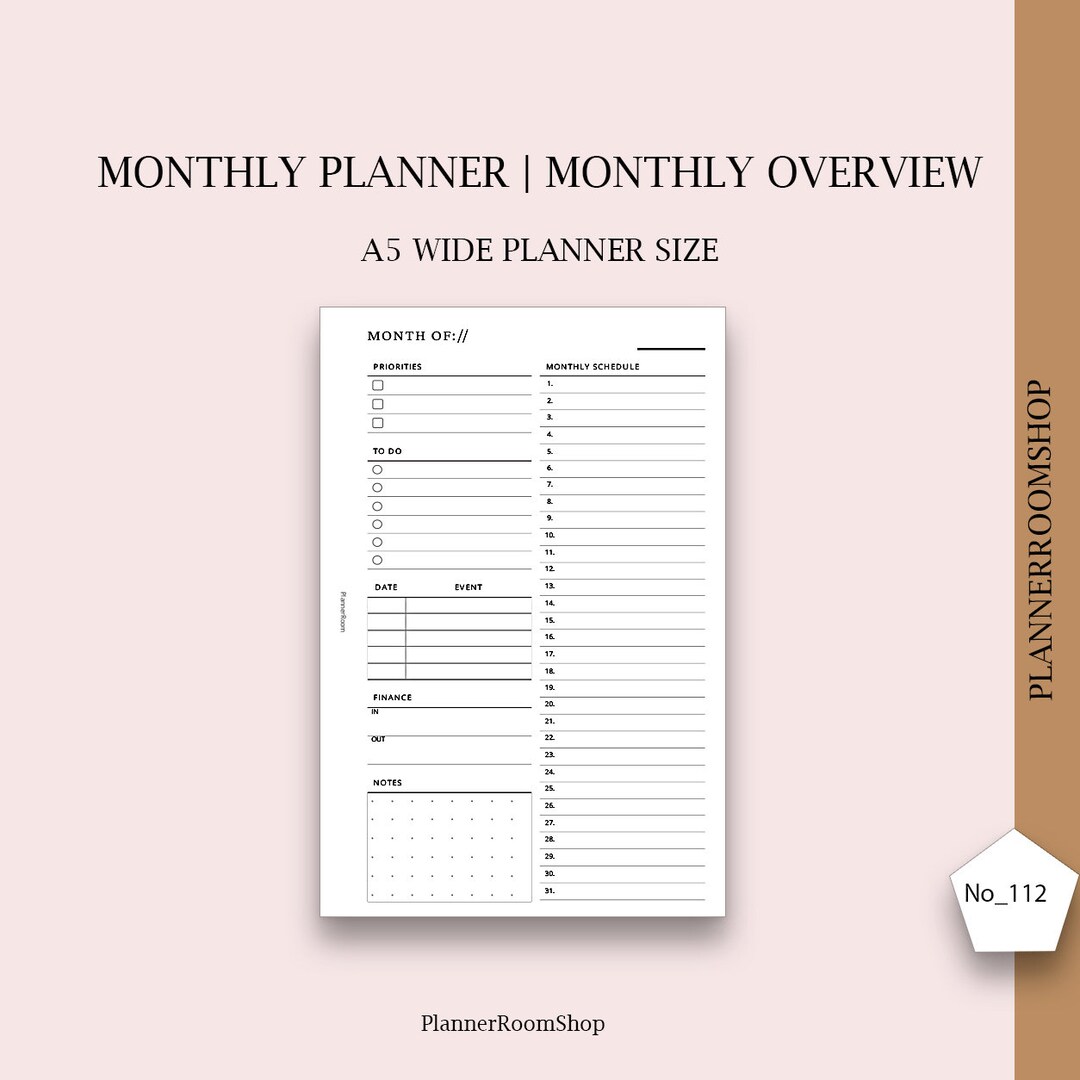 Monthly Overview Printable A5 Wide Planner Inserts, Month on a Page ...