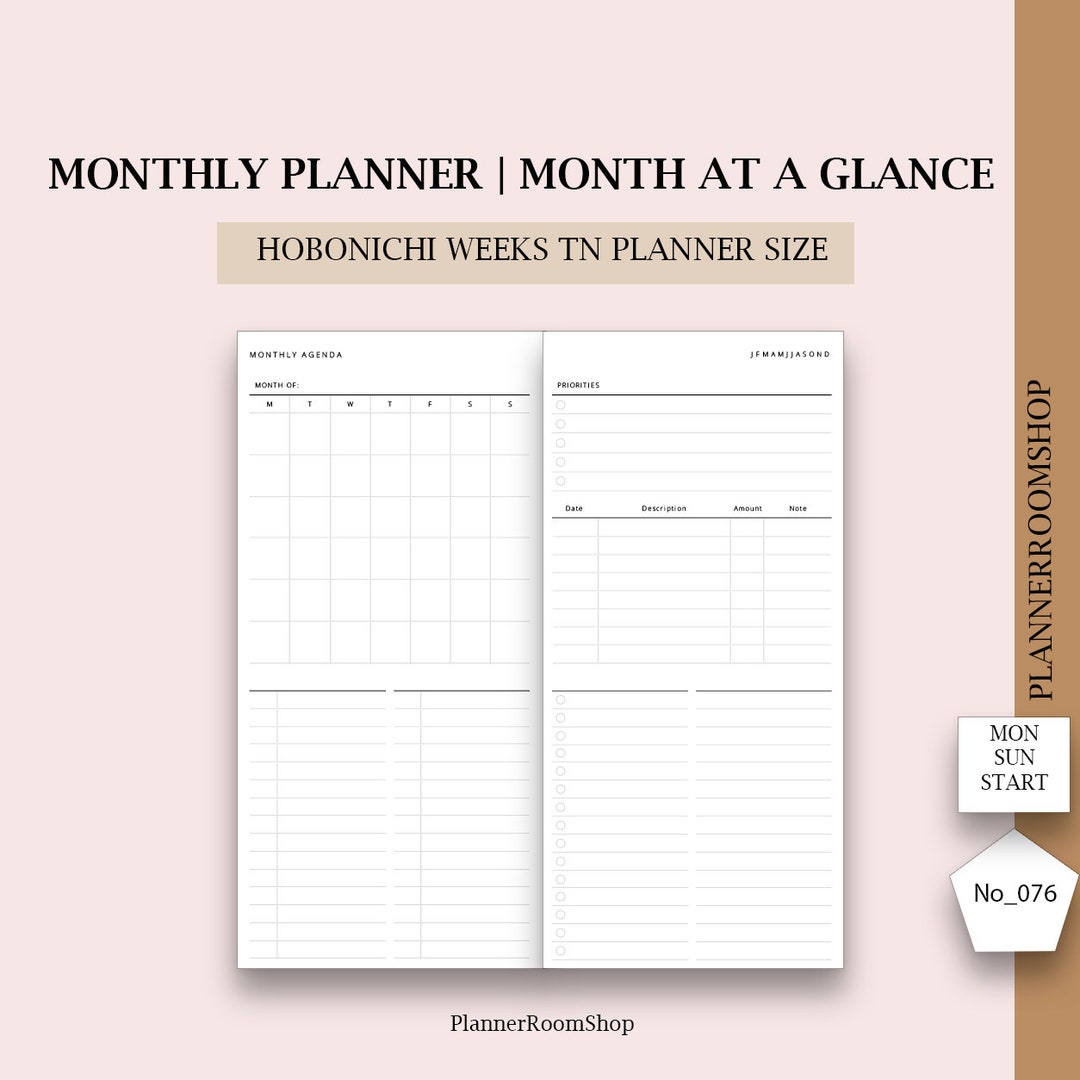 Printable Monthly Layout for Hobonichi Weeks TN Planner Size, Month on ...