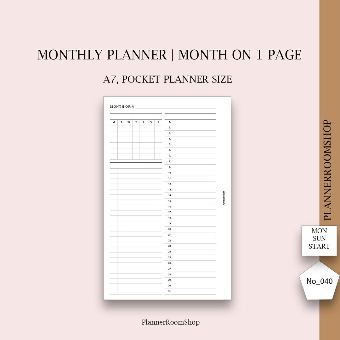 Monthly Overview A7 Pocket Planner Inserts, Monthly List 1-31 Monthly ...