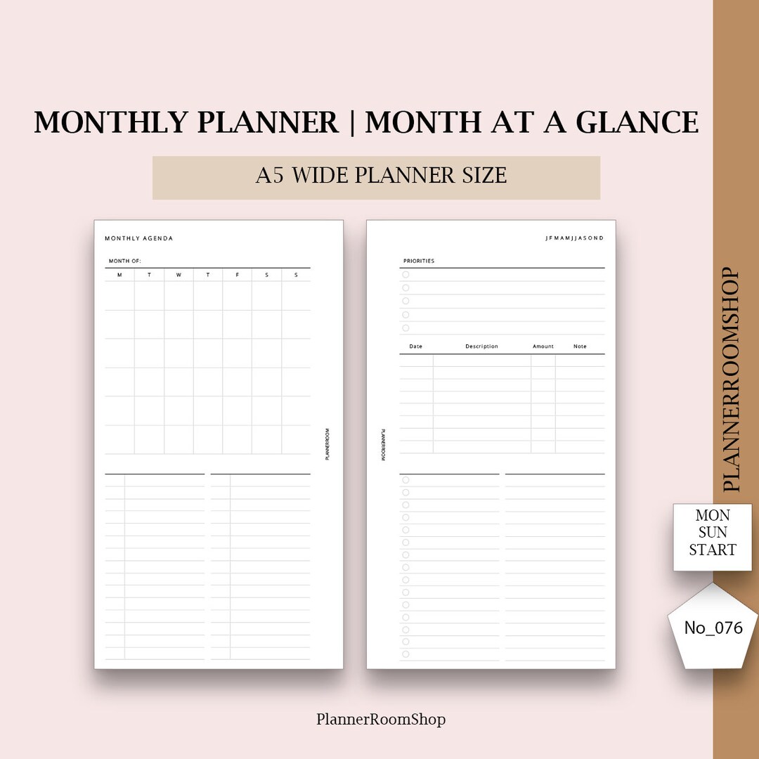 Mo2p, Monthly Overview Printable A5 Wide Planner Size, Month on 2 Pages ...