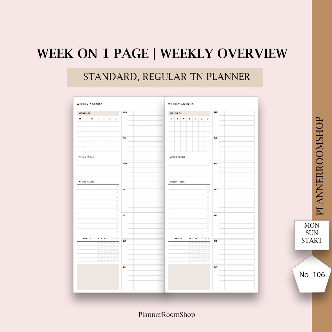 Printable Minimal Weekly Planner for Standard TN, Regular Planner Size ...