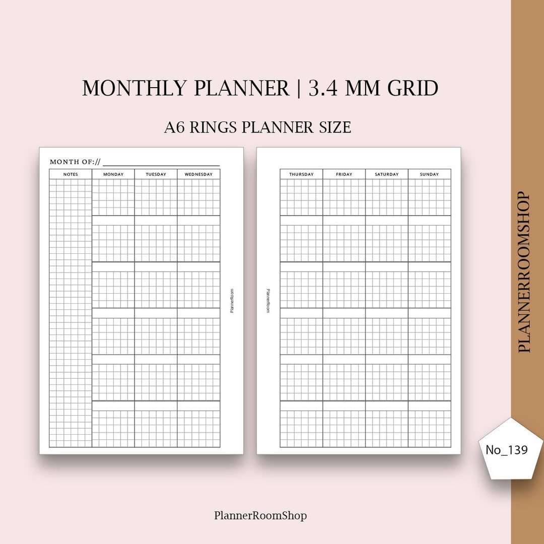 Monthly Planner Printable A6 Rings Inserts, Agenda Monthly Planner ...