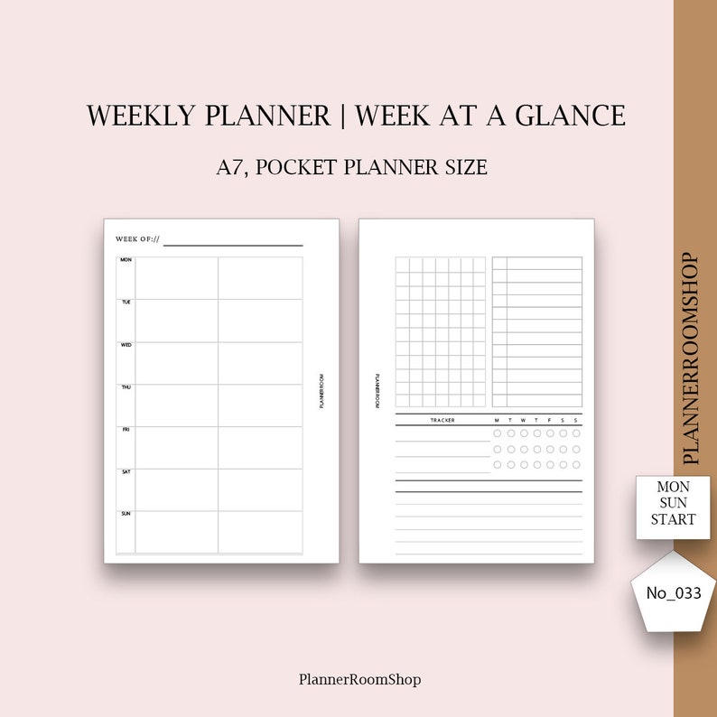 Weekly Planner Inserts, A7, Pocket Planner, Week on 2 Pages, Simple ...
