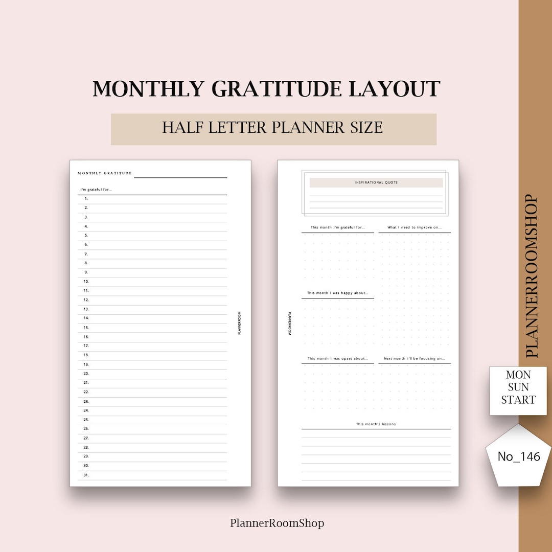 Gratitude Journal Half Letter Printable Inserts Monthly - Etsy