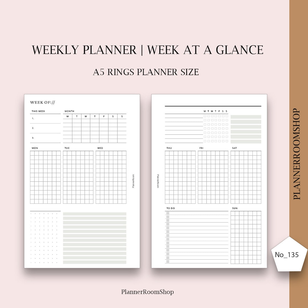 Weekly Agenda, Printable Planner Inserts, A5 Planner Size, Week at a ...