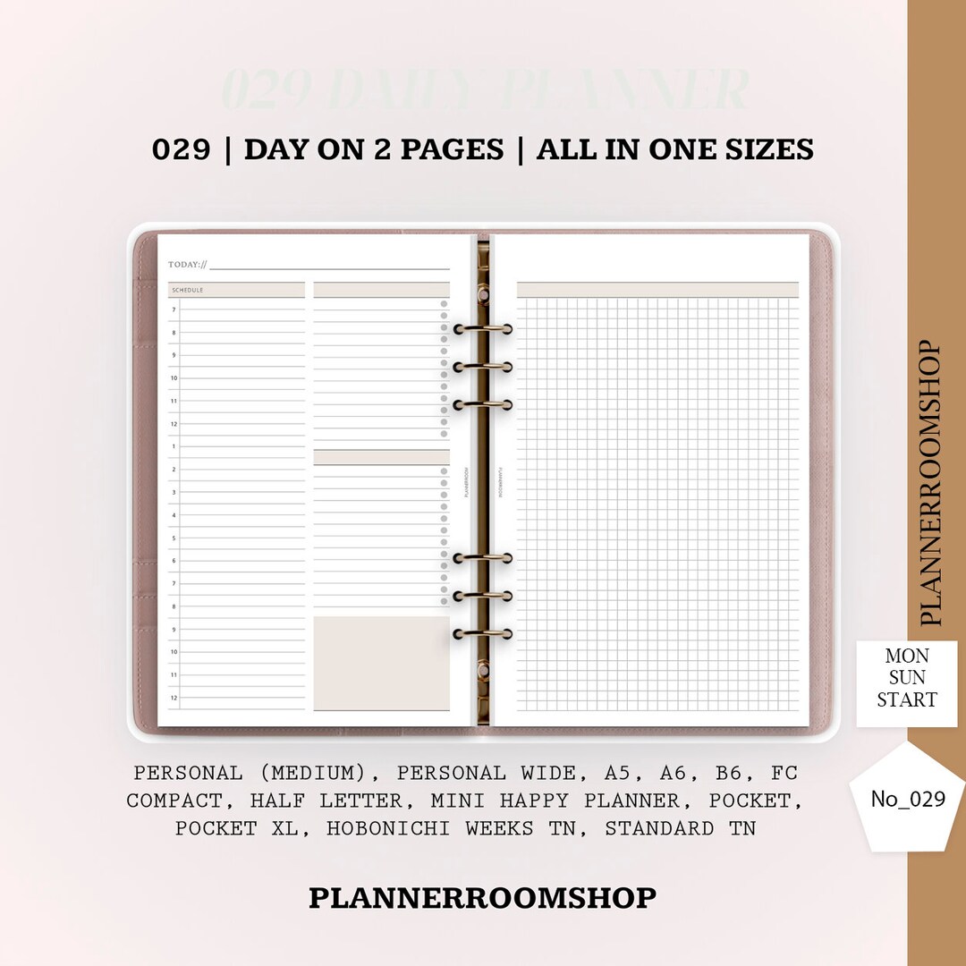 Day on 2 Pages Printable Planner, Rings Planner Size, Daily Journaling ...