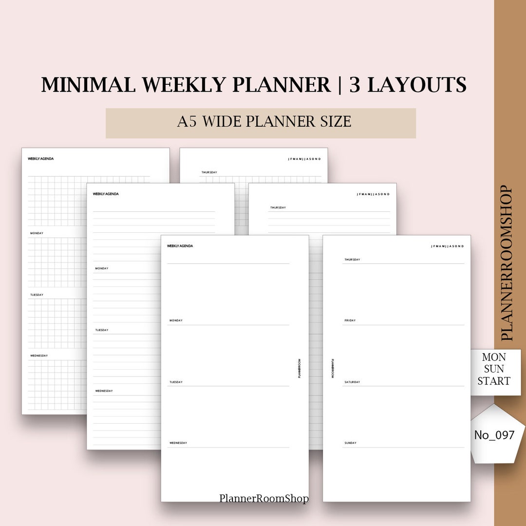 A5 Wide Printable Planner Inserts, Minimal Weekly Layouts, Blanc Weekly ...