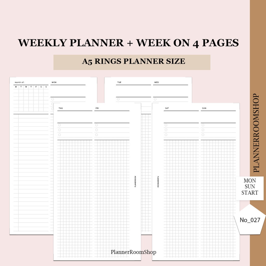 Printable Week on 4 Page for A5 Planner Inserts, Vertical Weekly Layout ...
