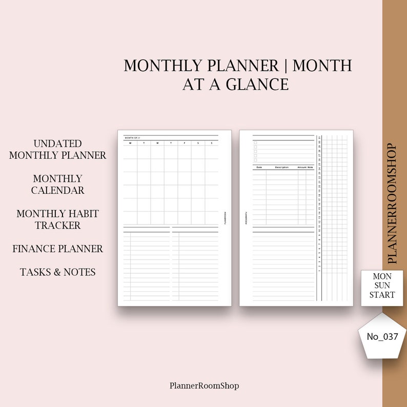 Personal Wide Monthly Calendar Month on 2 Pages Planner - Etsy