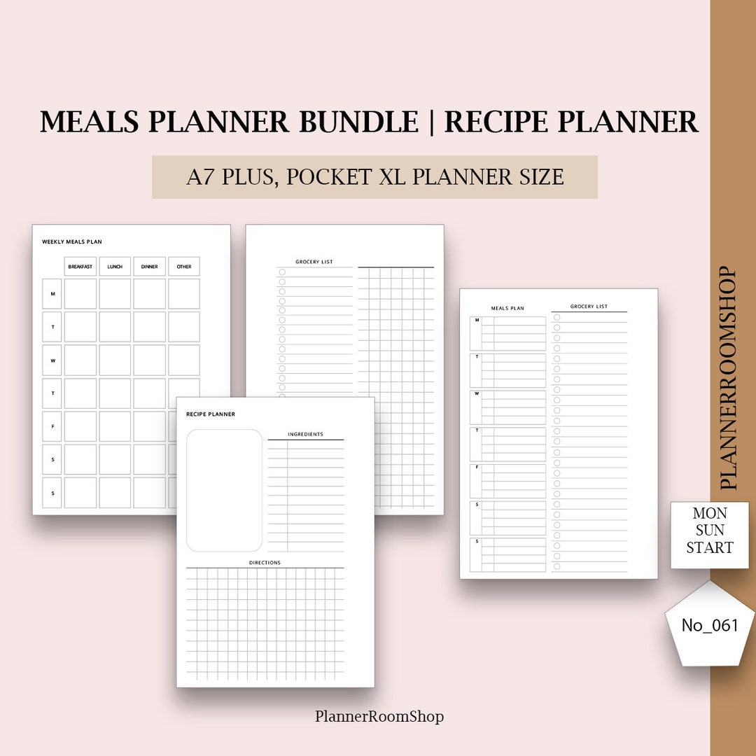 Meal Planner, A7 Plus, Pocket XL Inserts, Weekly Meal Plan, Template ...