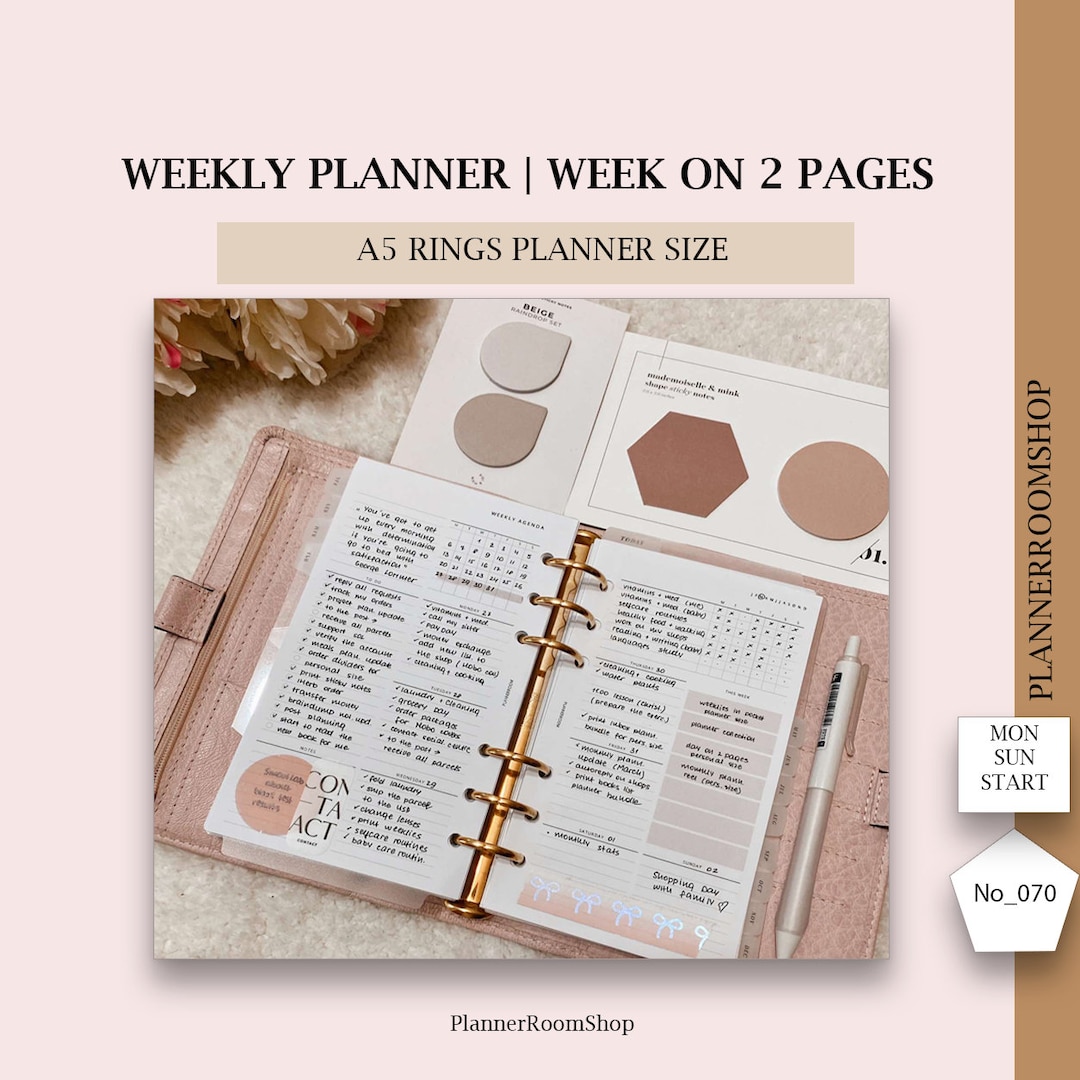 Week on Two Pages, Printables for A5 Rings Planner Size, Minimalistic ...