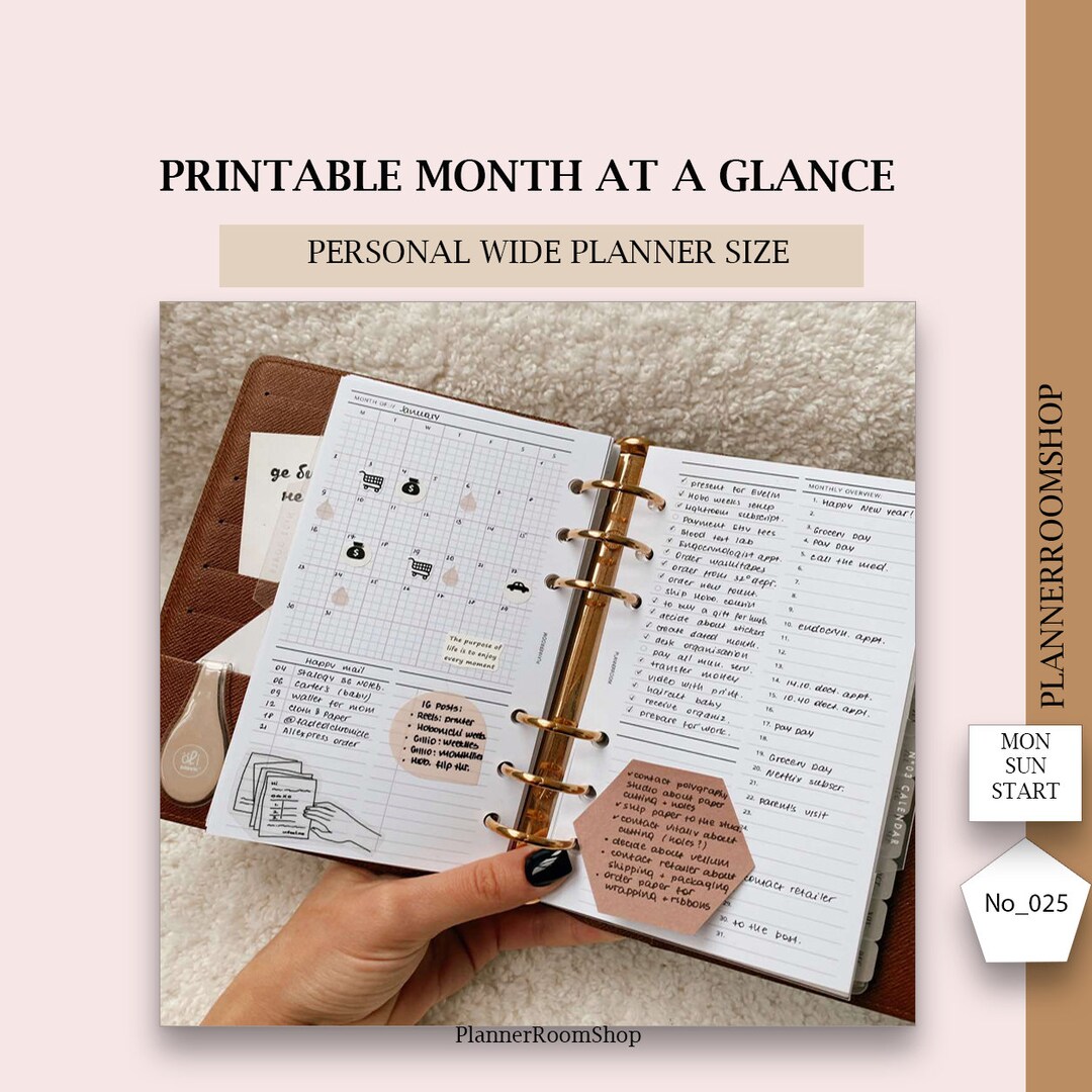 Monthly Planner, Personal Wide Printable Inserts, MO2P Horizontal ...
