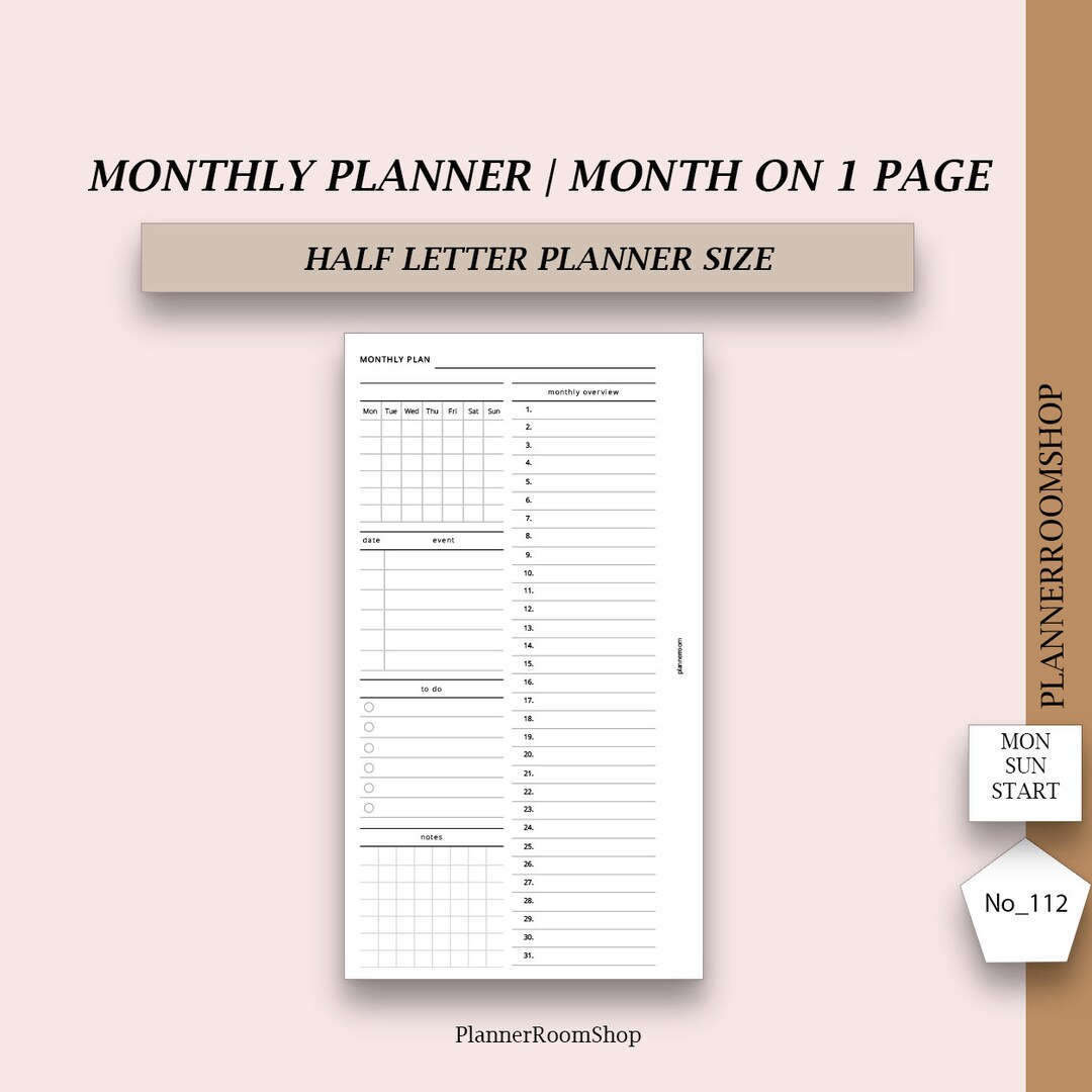 Monthly Overview Printable Half Letter Planner Inserts, Month on a Page ...