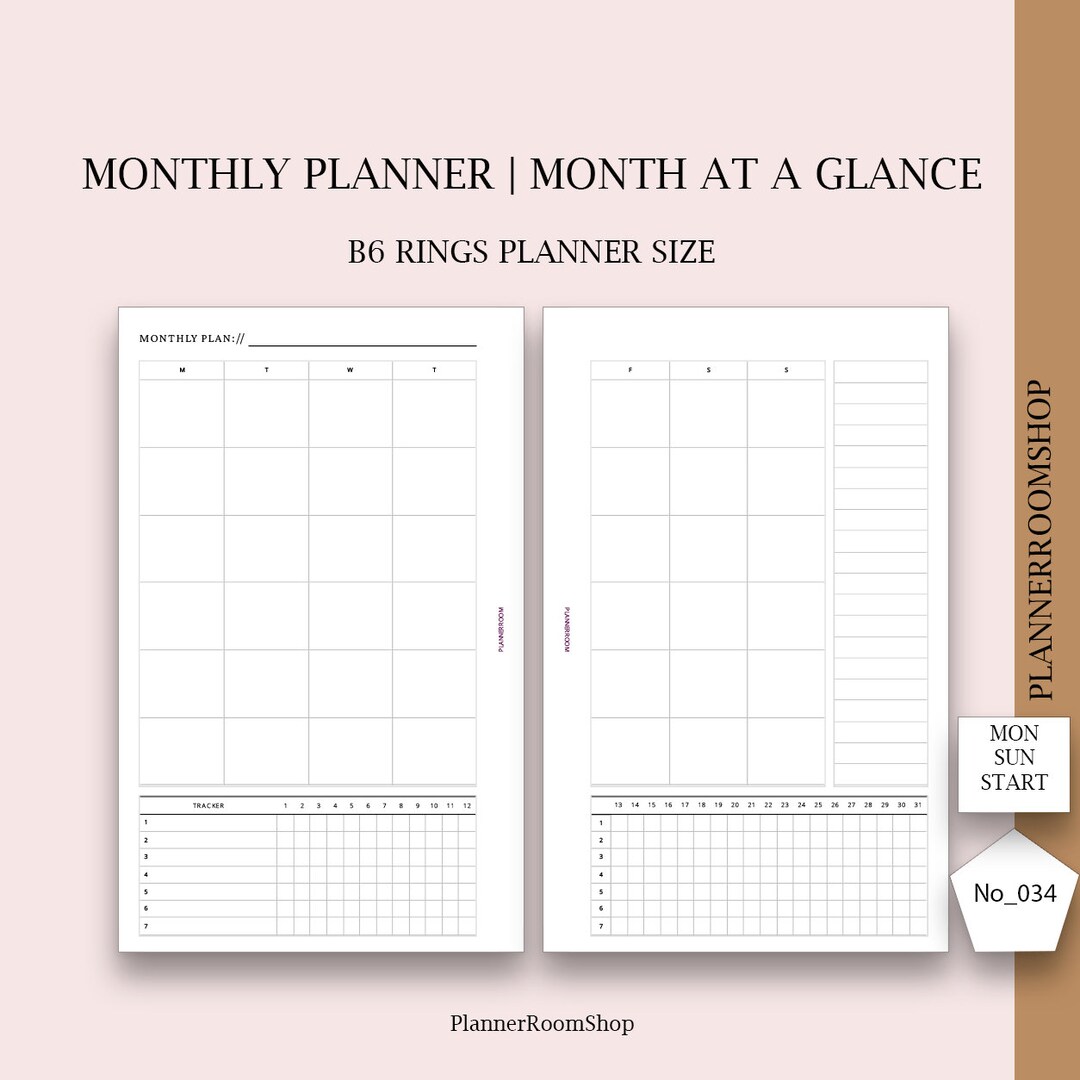 Monthly Planner Printable B6 Rings Planner Inserts, Undated Monthly ...