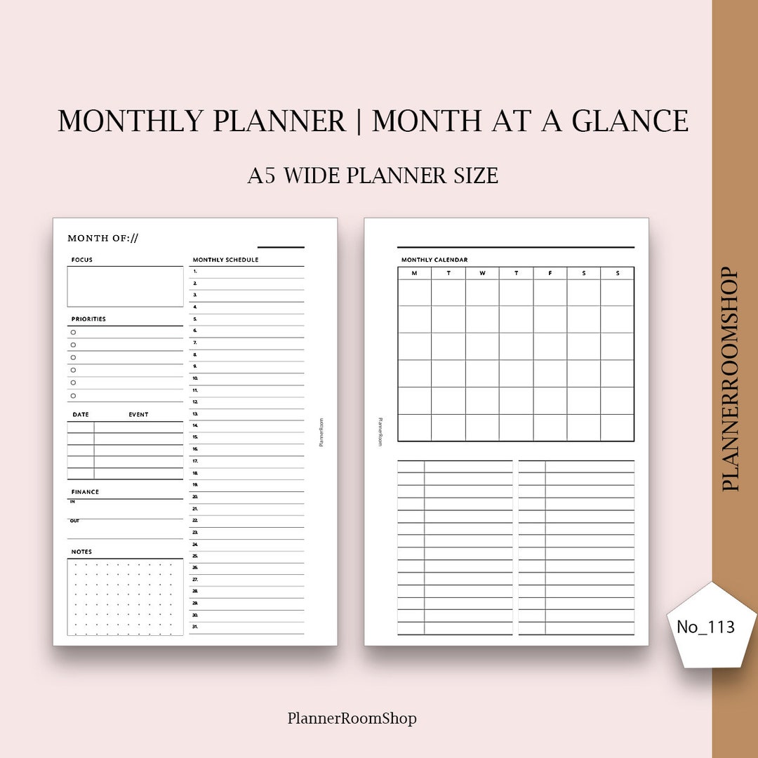 Month on Two Pages MO2P A5 Wide Planner Inserts, Undated Monthly ...