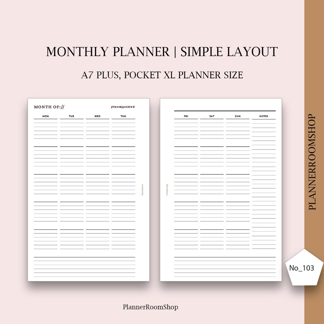 Minimalist Monthly Planner, Printable Inserts, Pocket XL Planner Size ...