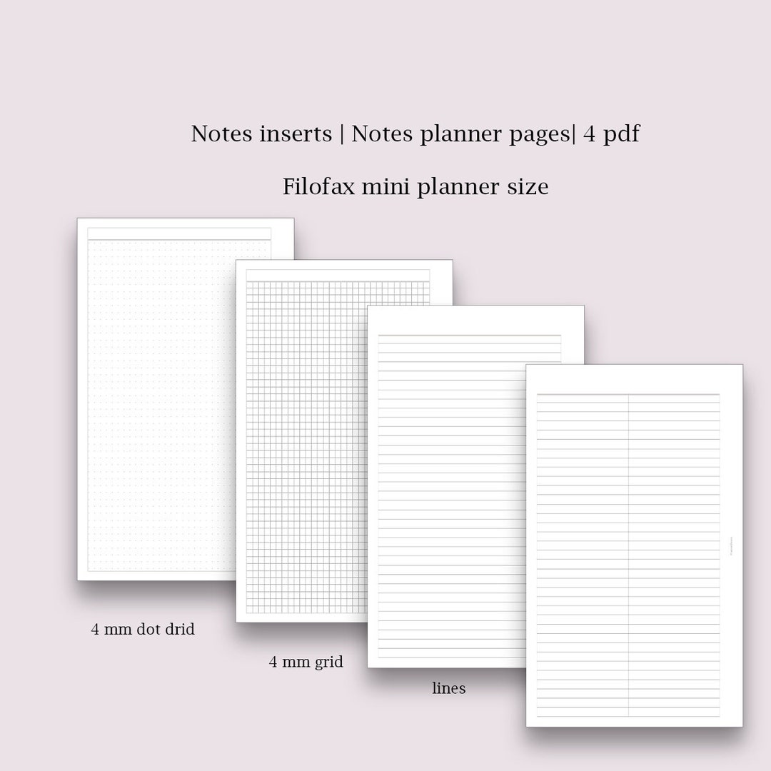 Notes Printable Inserts, Filofax Mini Planner Size, Grid, Dot, Lined ...