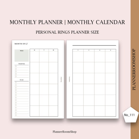 Monthly Printable Calendar Personal Size Undated Monthly | Etsy