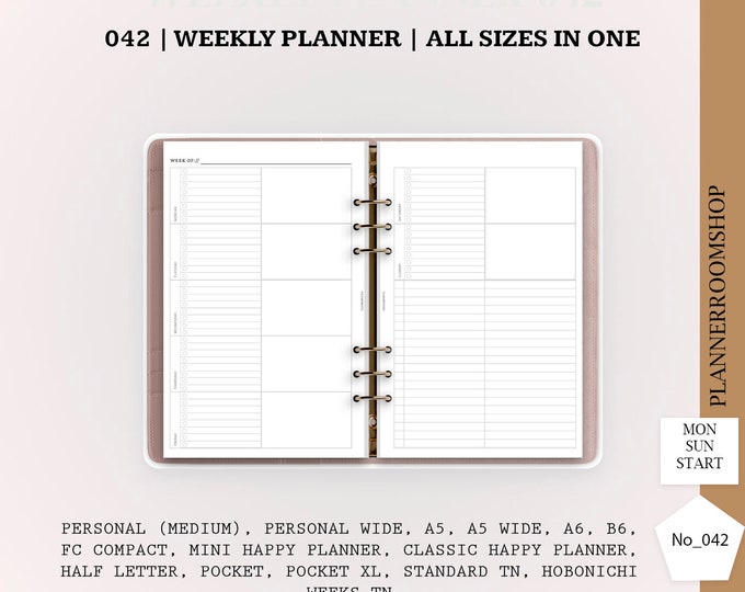Undated Weekly Planner | Personal Size Printable Inserts | WO1P Layout ...