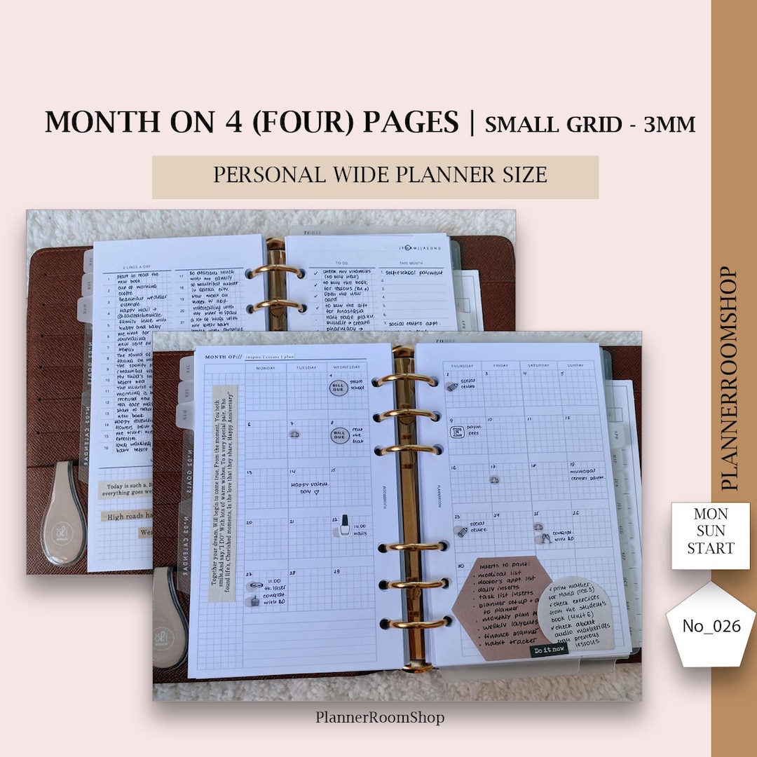 Monthly Calendar Personal Wide Printable Inserts With Monthly Notes ...