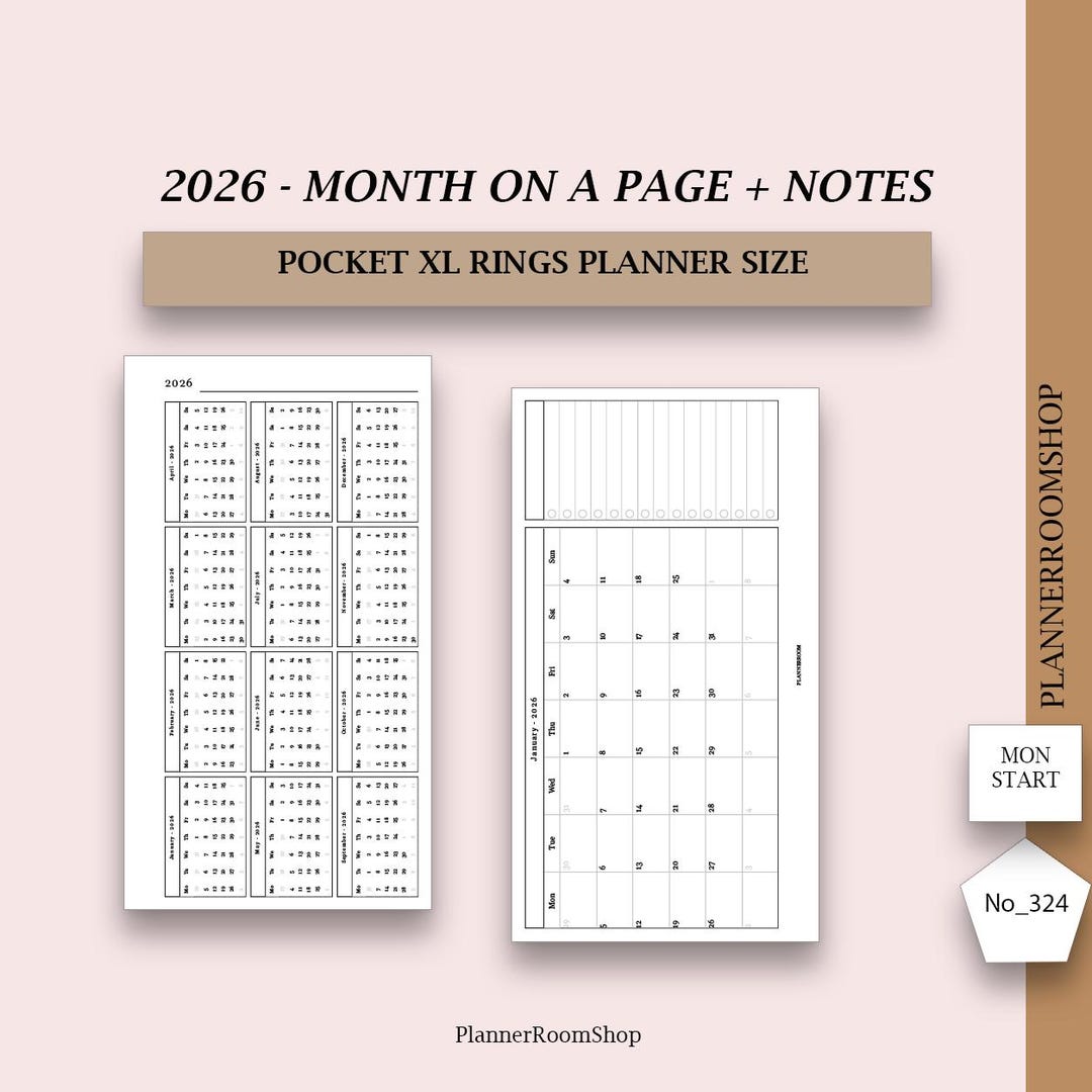2026 Month on a Page With Notes, Printable Pocket XL Rings Planner ...