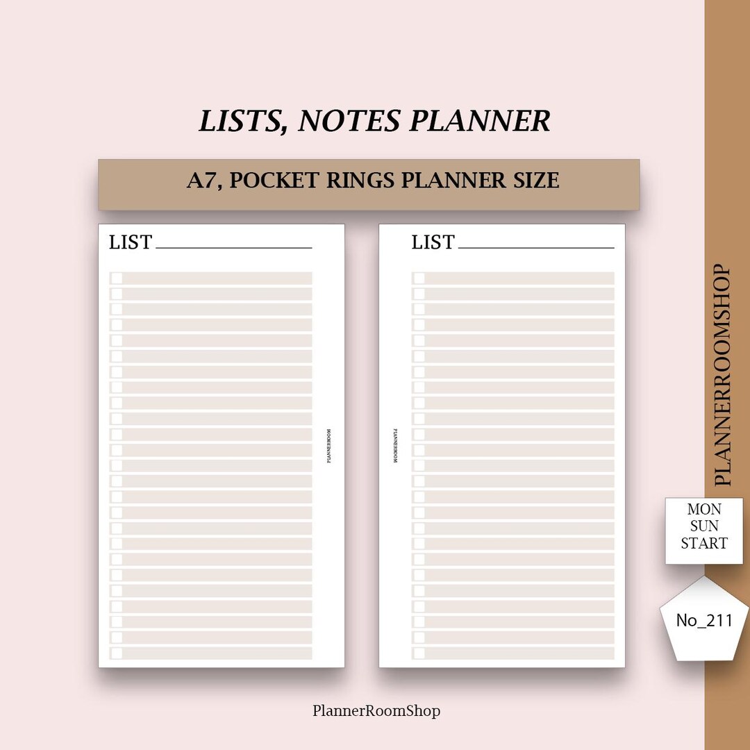 Pocket Rings, Printable Lists and Notes Pages, Minimal Checklist ...