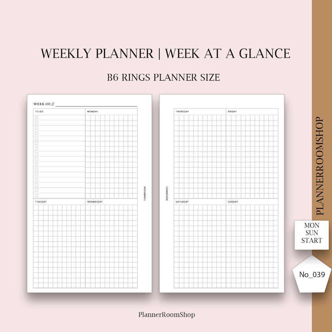 B6 Rings Planner Inserts, Weekly Inserts, Weekly Agenda Planner, Week ...