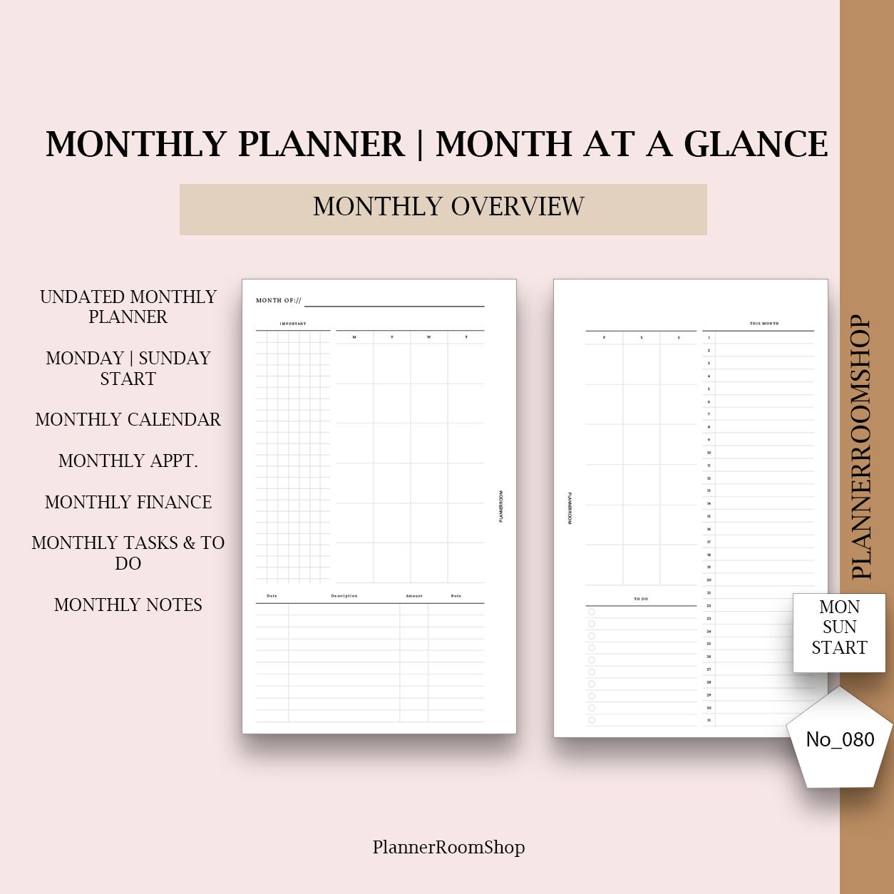Month on Two Pages Printables for Personal Size, Undated Monthly ...