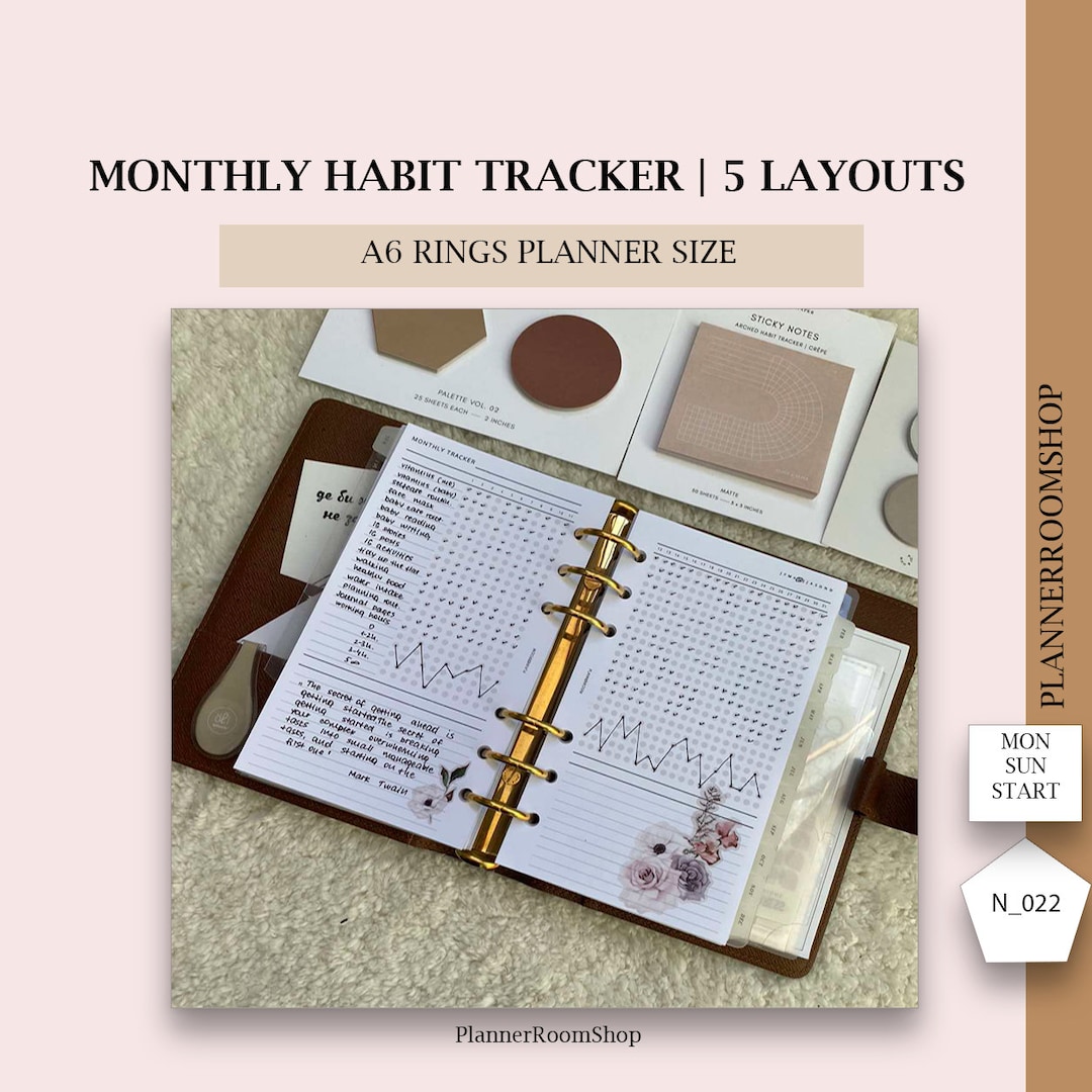 A6 Rings Printable Monthly Habit Tracker Bundle, Goals Settings Inserts ...