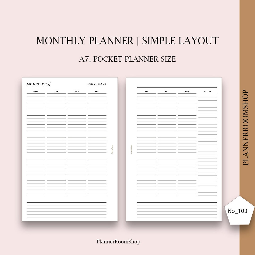 Minimalist Monthly Planner, Printable Inserts, A7, Pocket Planner Size ...