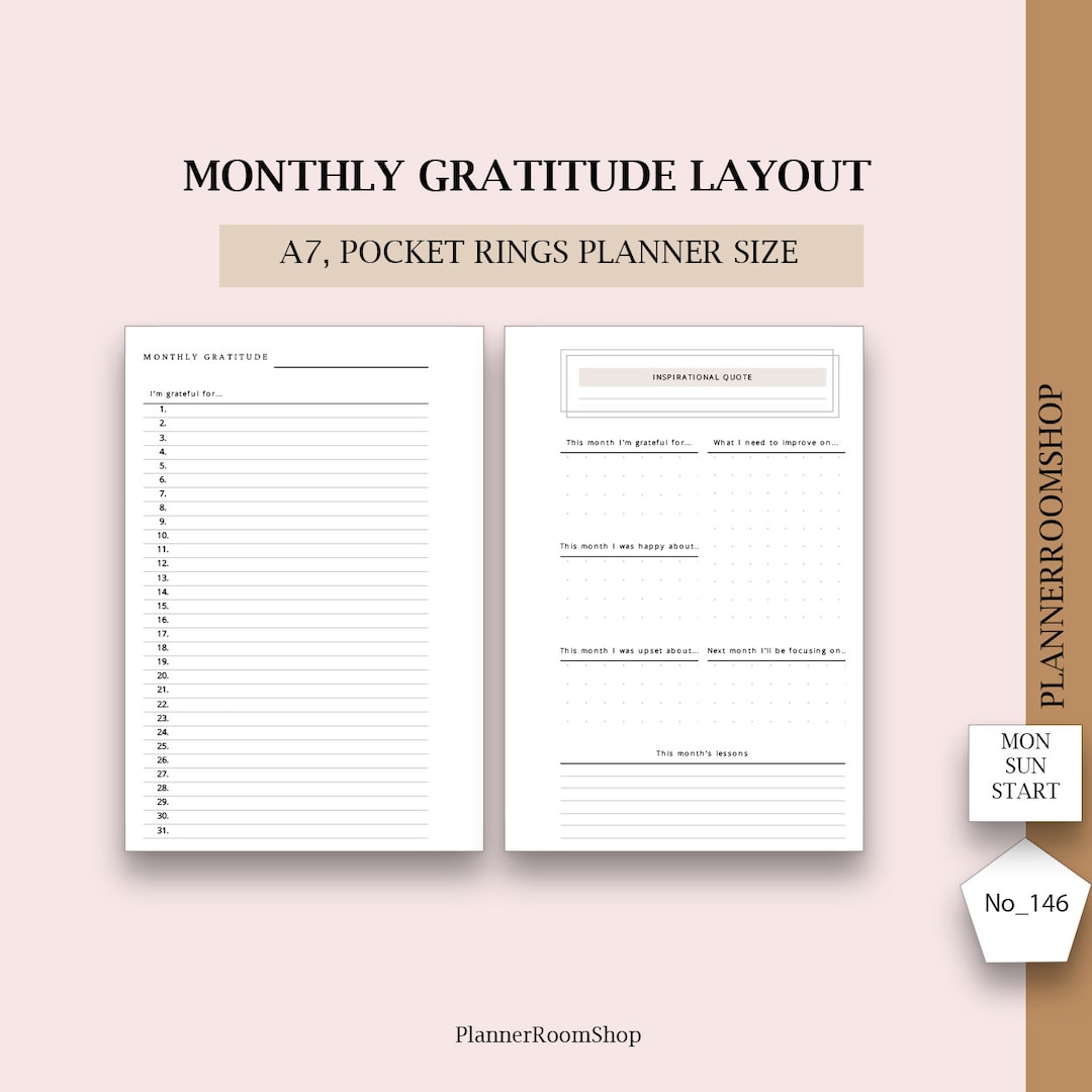 Gratitude Journal, A7, Pocket Printable Inserts, Monthly Printable ...