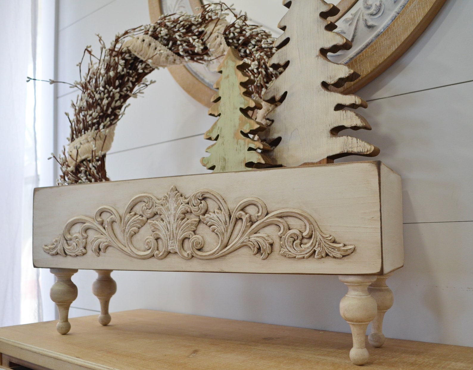 XL Antique White Farmhouse Box Riser: Tall Decorative Wood Caddy - Etsy