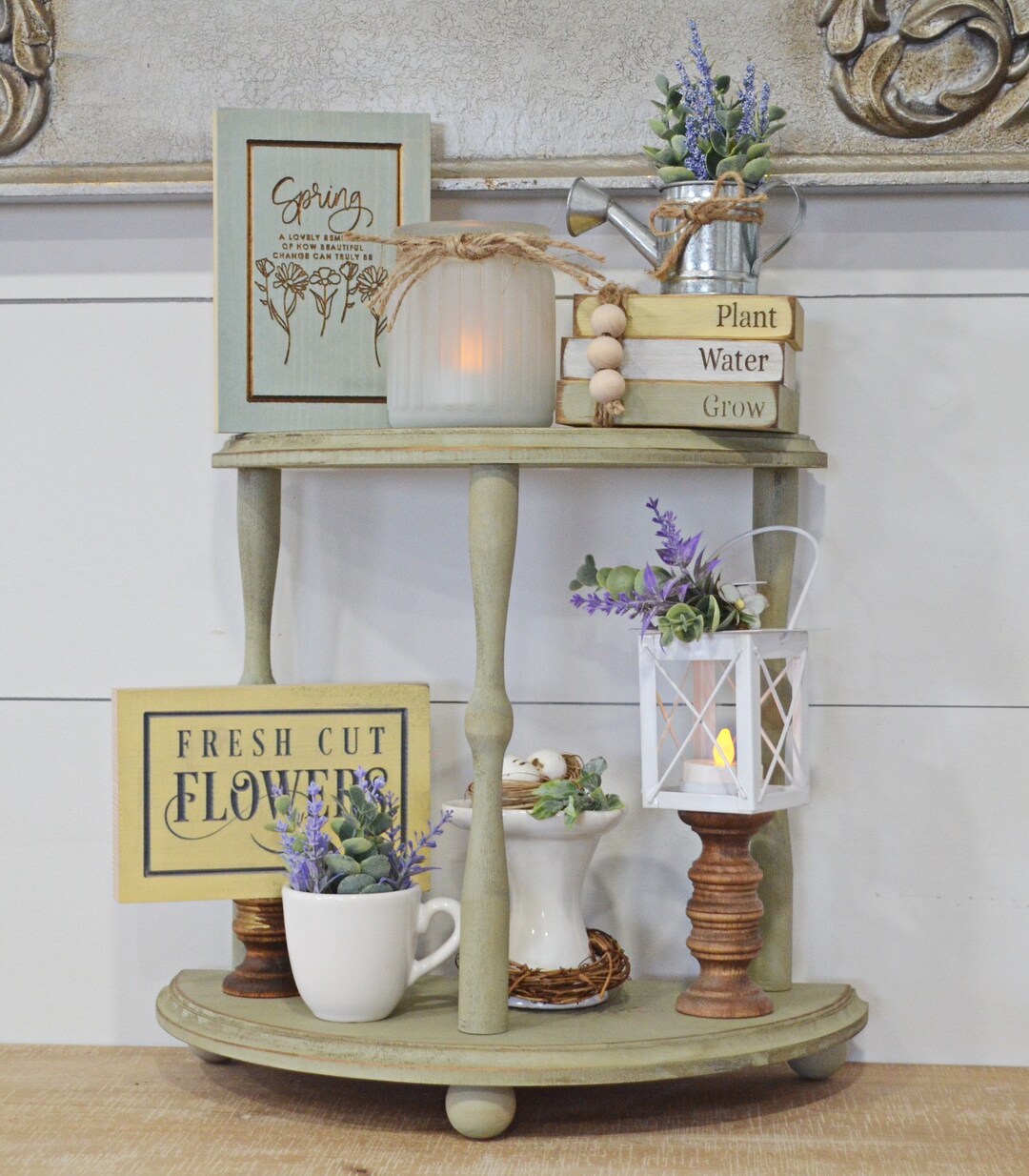 Spring Tiered Tray Decor...book Blocks...floral Watering Can...lantern ...